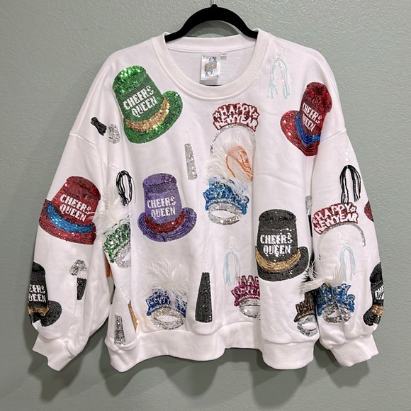 QUEEN OF SPARKLES | Sweaters | Qos White New Years Hat Sweatshirt ...